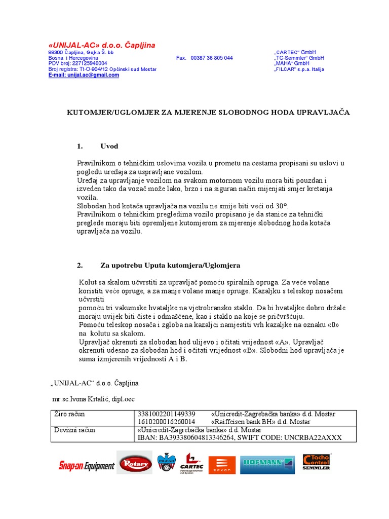 Uputstvo Za Uglomjer Slobodnog Hoda Upravljača | PDF