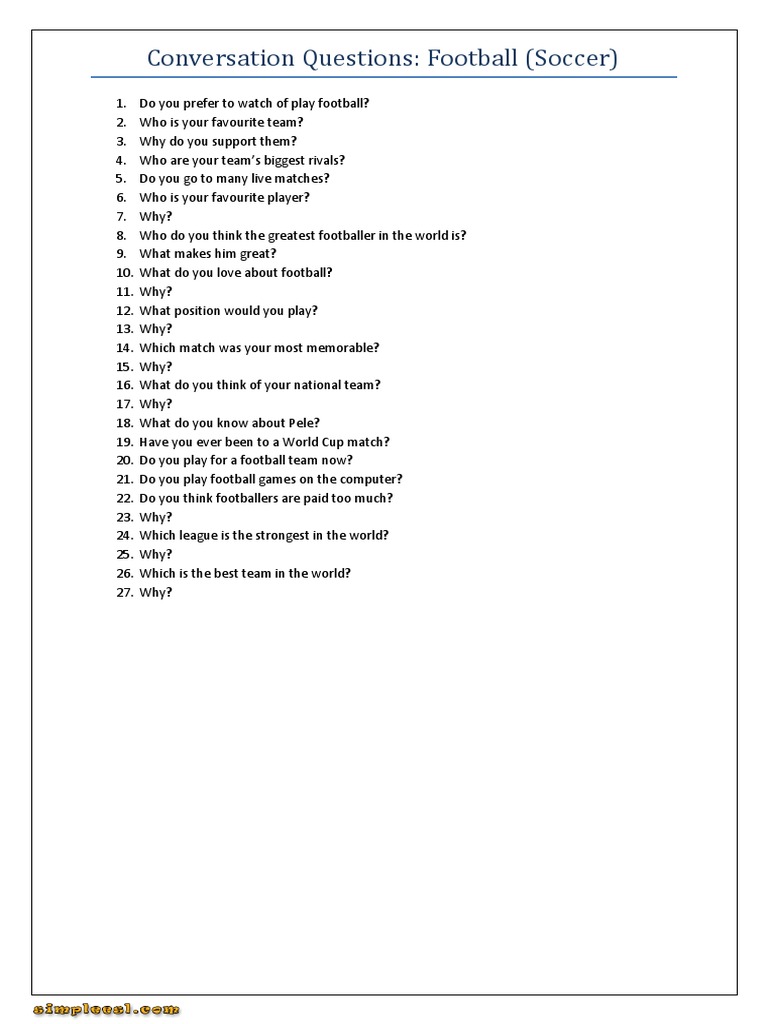 Conversation Questions: Football (Soccer) | PDF | Association Football ...