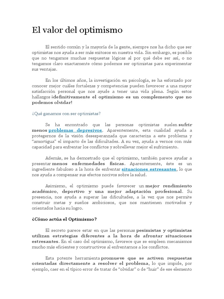 El Valor Del Optimismo | Descargar gratis PDF | Salón de clases | Optimismo