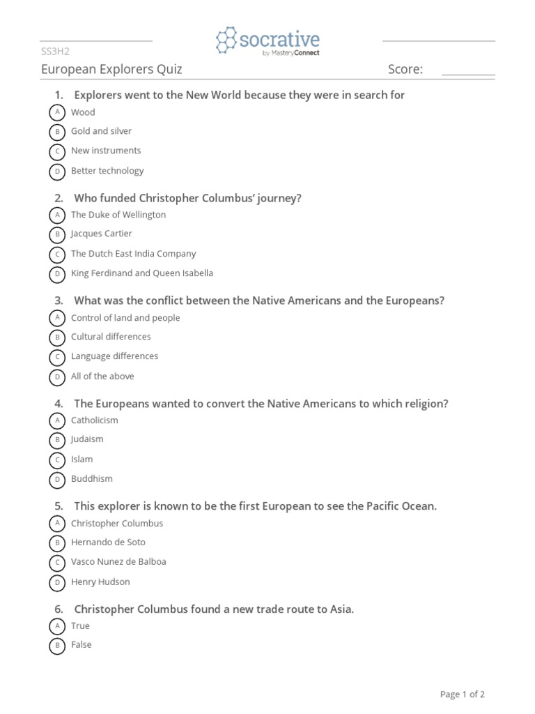 European Explorers Quiz | PDF | Social Science | Travel