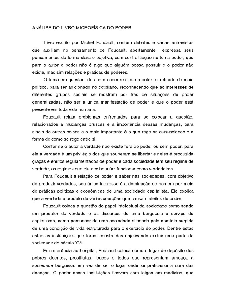 Análise Do Livro Microfísica Do Poder | PDF | Poder (social e político) | Michel Foucault