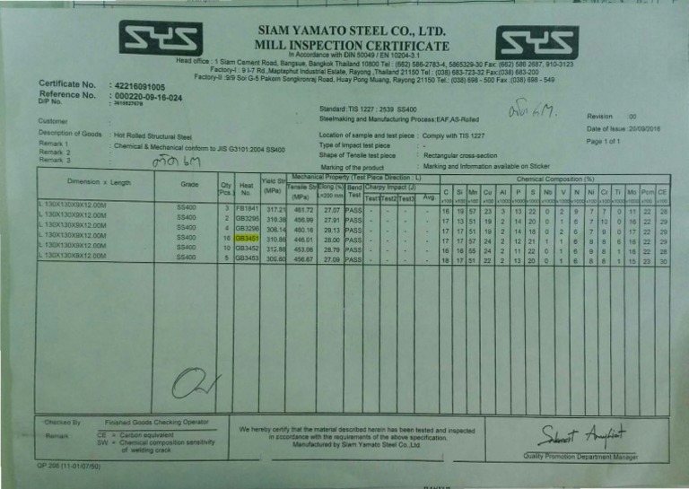 Angle Bar 130x130x9mm Mill Certificate | PDF | Chemical Elements ...