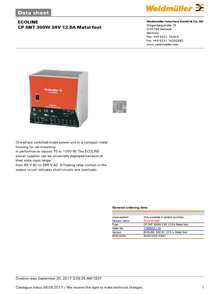 Weidmuller EcoLine Data Sheet | PDF | Power Supply | Fuse (Electrical)