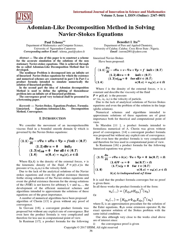Adomian Like Decomposition Method In Solving Navier Stokes Equations Pdf Navier Stokes