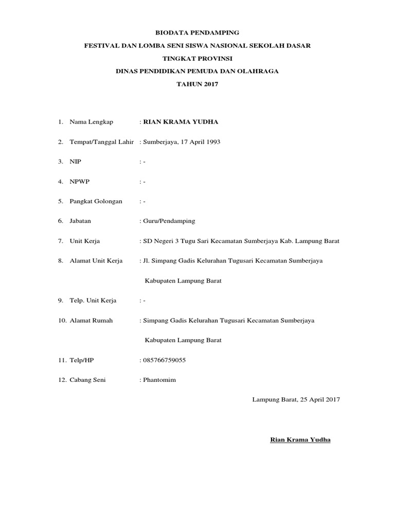 Biodata Pendamping Fls2n SD | PDF