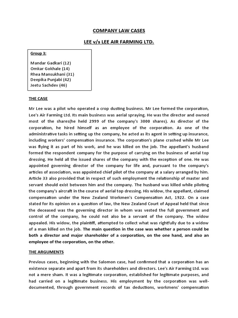 Company Law Cases | PDF | Employment | Corporations