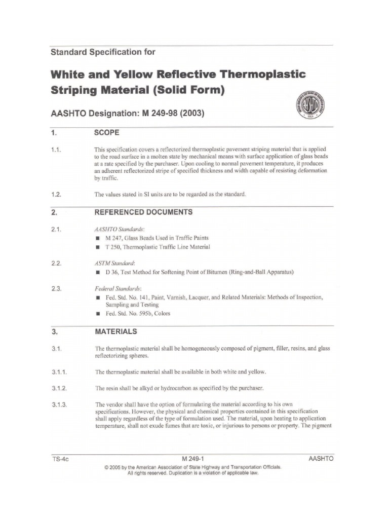 AASHTO M249 Specifications WH Ylw Reflective Thermo Solid Form PDF | PDF