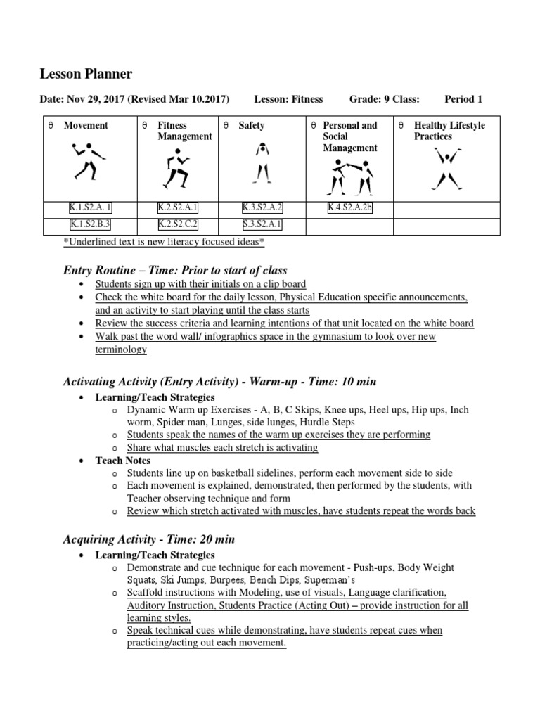 fitness lesson plan - good | Classroom | Literacy