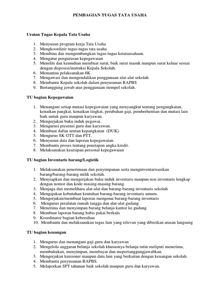 Uraian Tugas Tata Usaha Sekolah | PDF