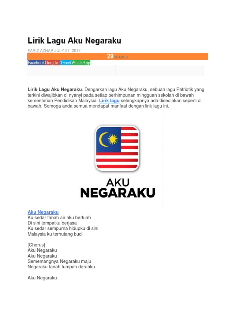 Lirik Lagu Aku Negaraku Malaysia | PDF | Seni & Disiplin Bahasa