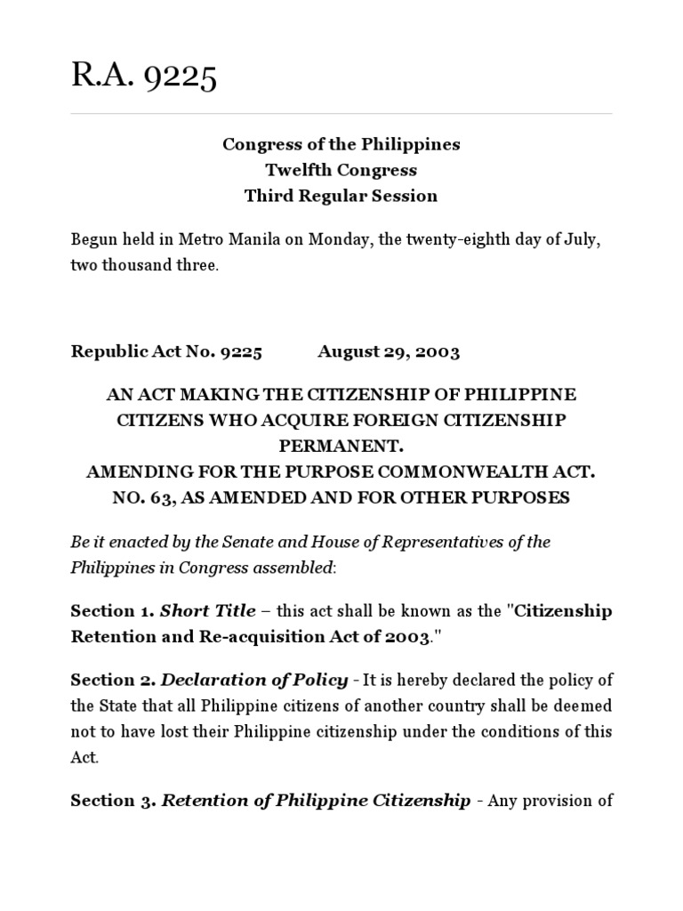 R.A. 9225 | PDF | Citizenship | Oath Of Office