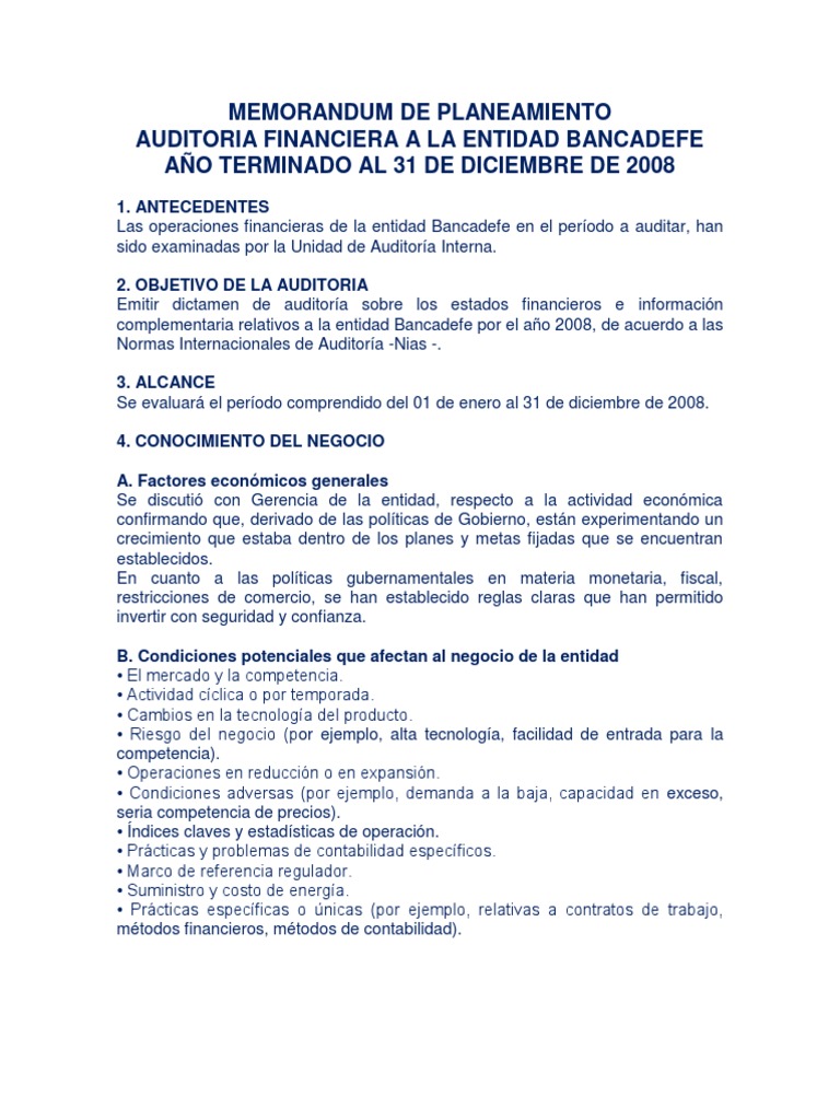 Memorandum de Planeacion Auditoria | PDF | Auditoría financiera ... Memorandum de Planeacion Auditoria | PDF | Auditoría financiera ...