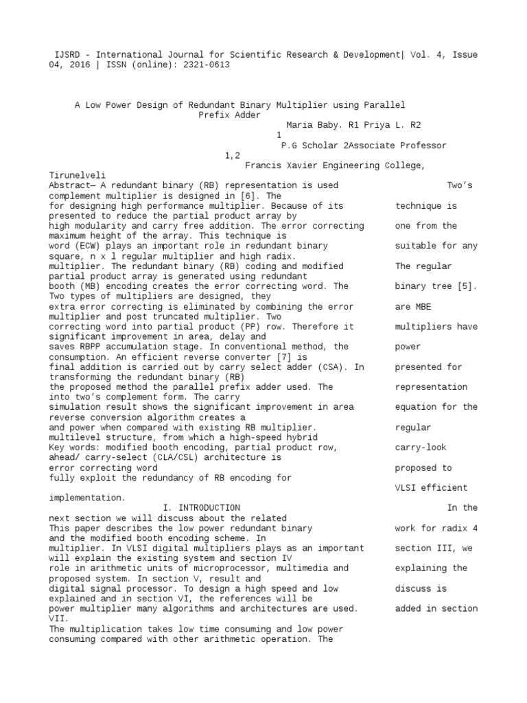 A Low Power Design of Redundant Binary Multiplier Using Parallel Prefix Adder | PDF ...