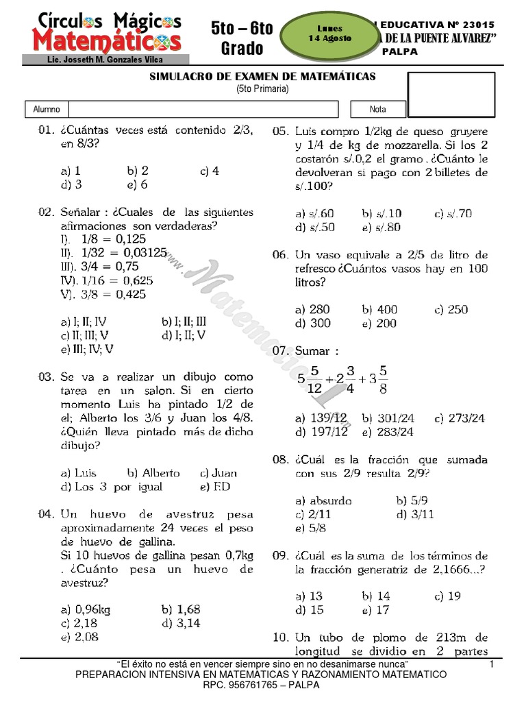 Examen Simulacro Matematica Primaria | PDF | Aprendizaje