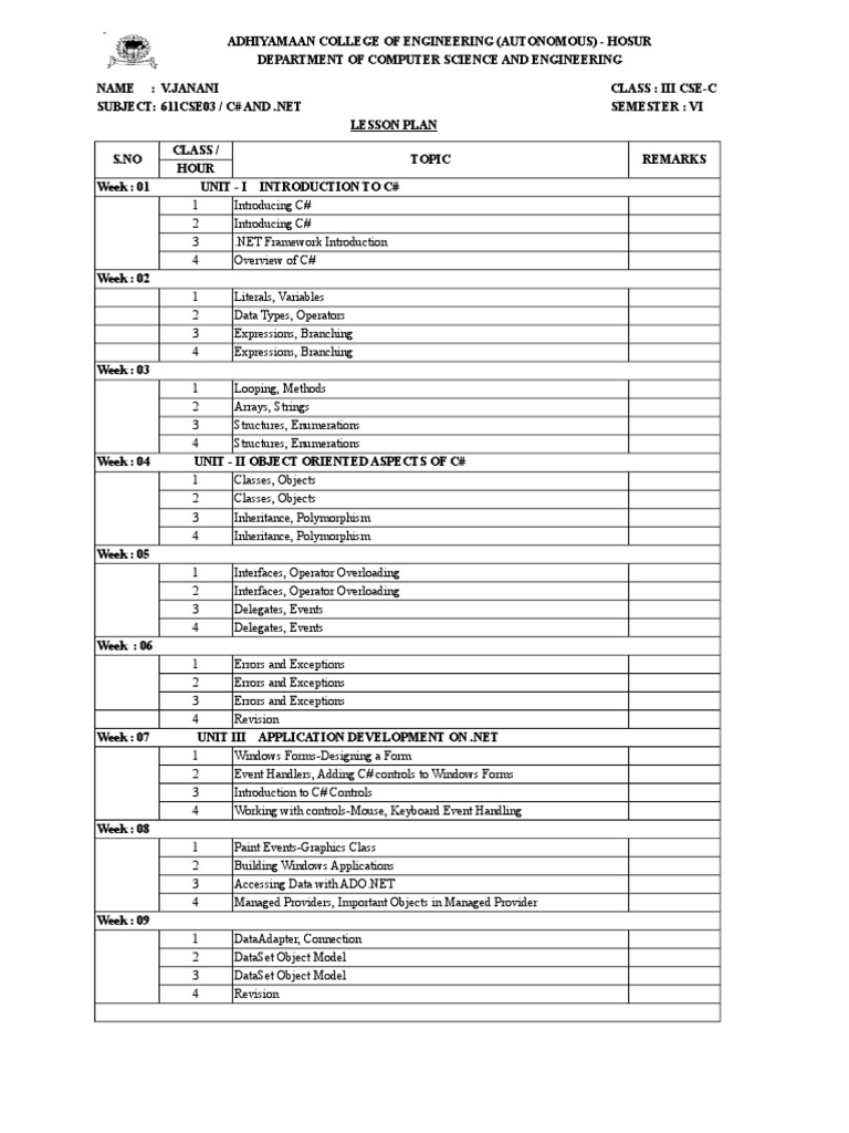 Lesson Plan C# | Download Free PDF | C Sharp (Programming Language) | Object (Computer Science)