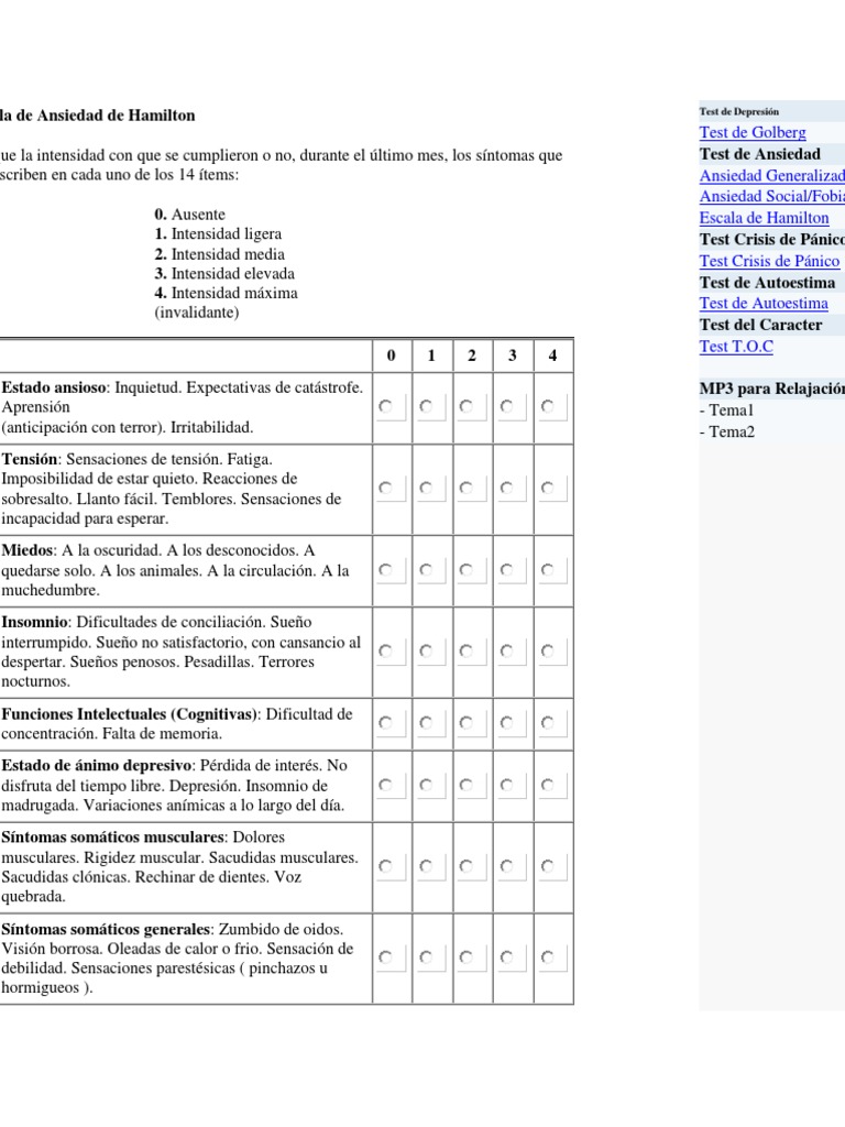 Test de Ansiedad de Hamilton | PDF | Ansiedad | Ataque de pánico