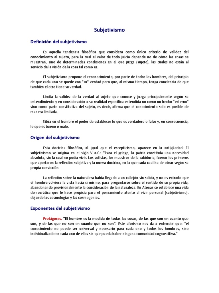 Definición y Orígenes del Subjetivismo | PDF | Verdad | Conocimiento