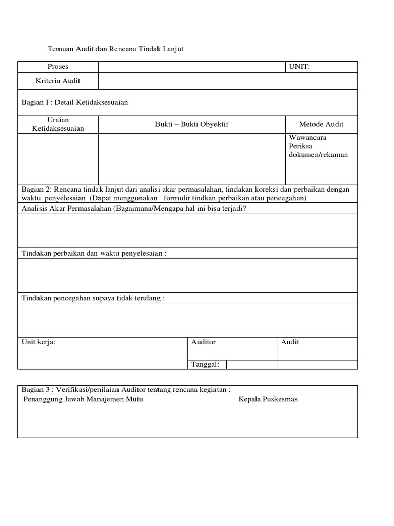 Form Temuan Audit Dan Rencana Tindak Lanjut | PDF