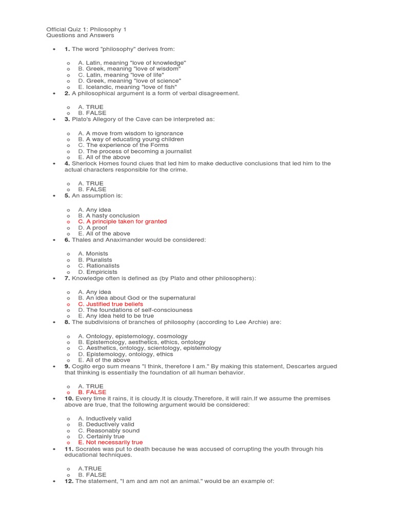 Philosophy Quiz 1 Answers | PDF | Philosophical Movements ...