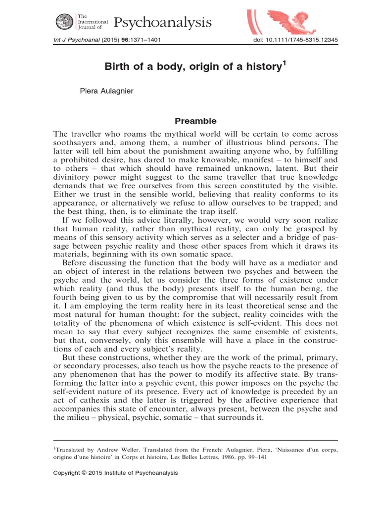 Birth of A Body, Origin of A History Piera Aulagnier | PDF ...