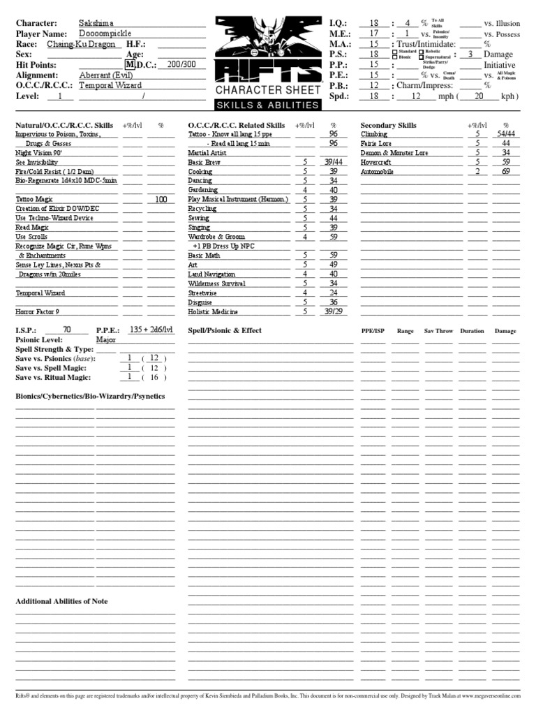 Character Sheet: Skills & Abilities | PDF | Nature