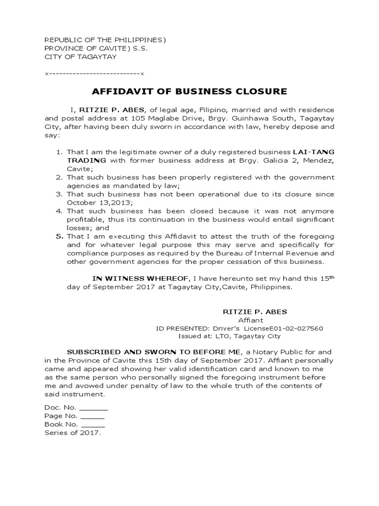 Affidavit of BUSINESS Closure.doc | Affidavit | Civil Law (Common Law)