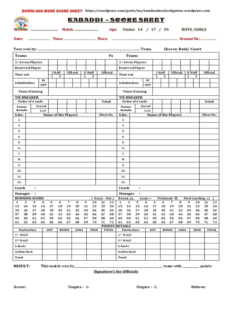 Kabaddi Score Sheet | PDF | Referee | Sports