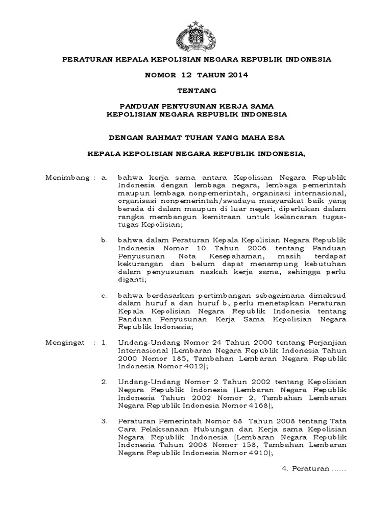 Perkap No 12 TH 2014 TTG Panduan Penyusunan Kerja Sama | PDF