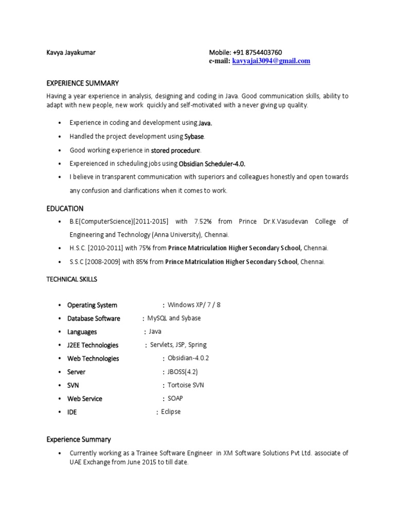 Java Developer Resume of Kavya Jayakumar | PDF | Eclipse (Software ...