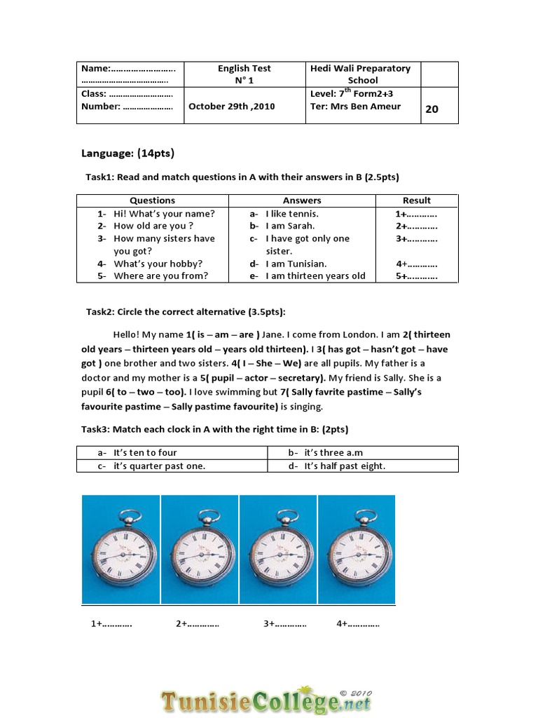 Devoir de Contrôle N°1 - Anglais - 7ème ( | PDF