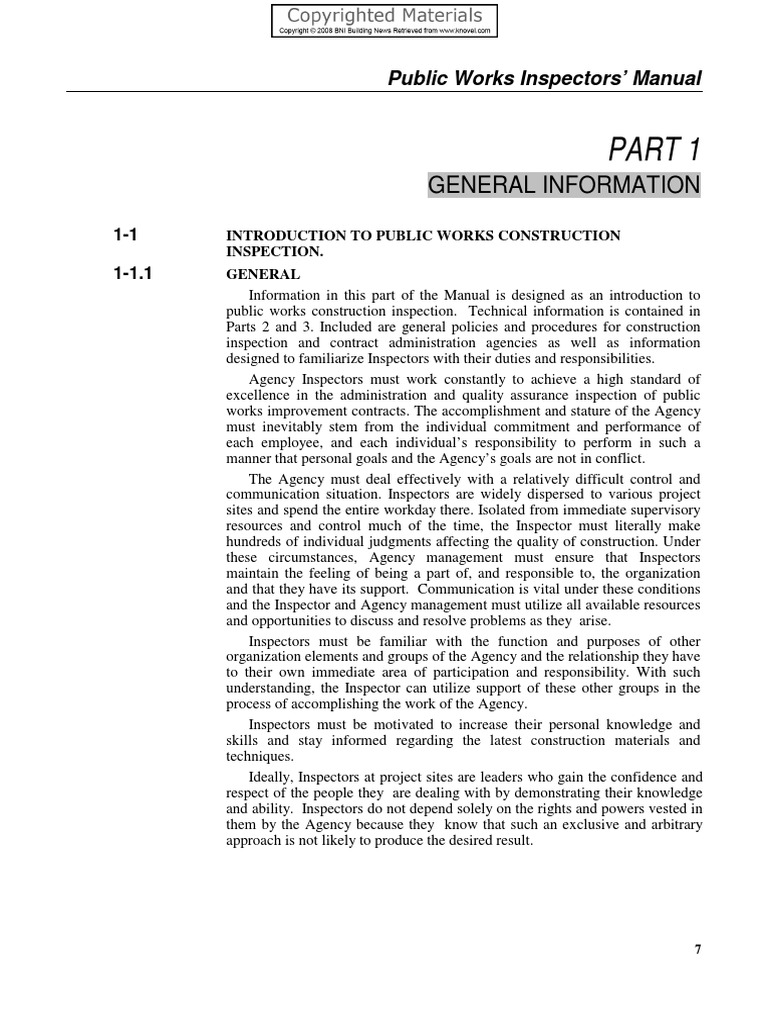 Public Works Inspection Manual - Part 1 | PDF | General Contractor ...
