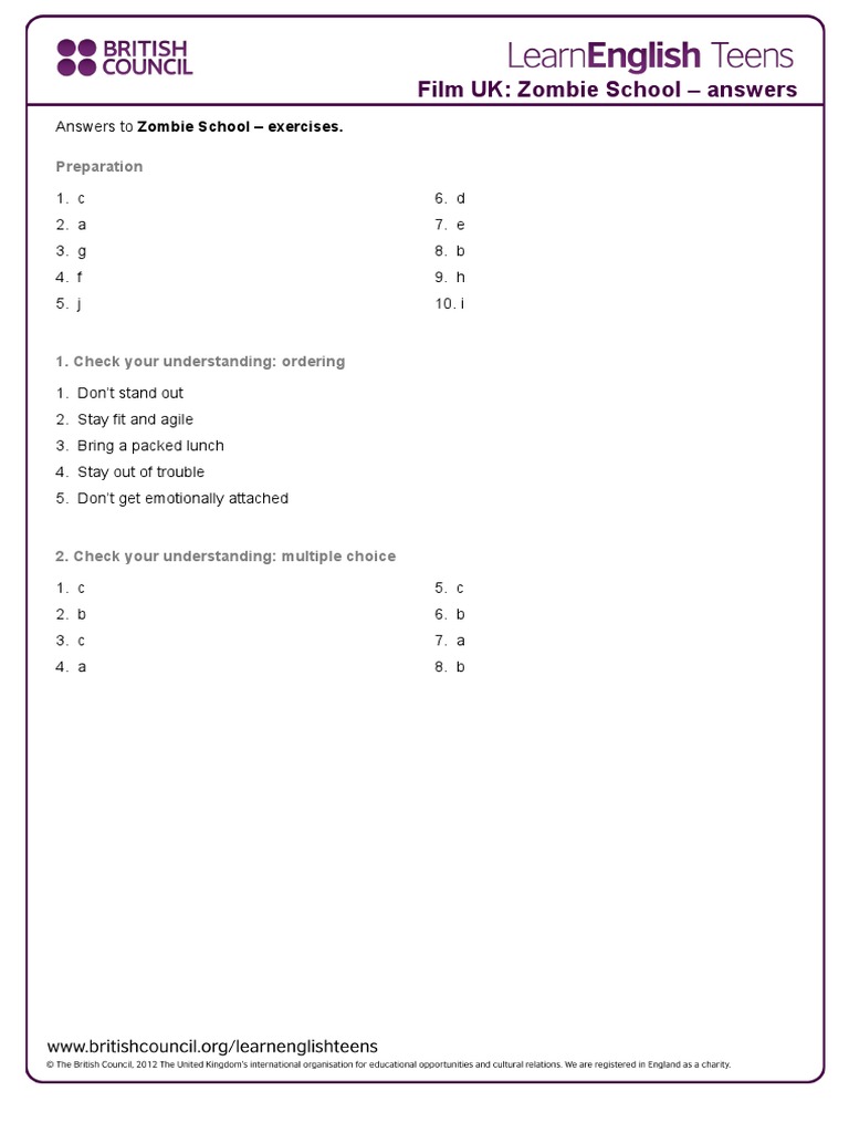 Film UK: Zombie School - Answers: Preparation | PDF