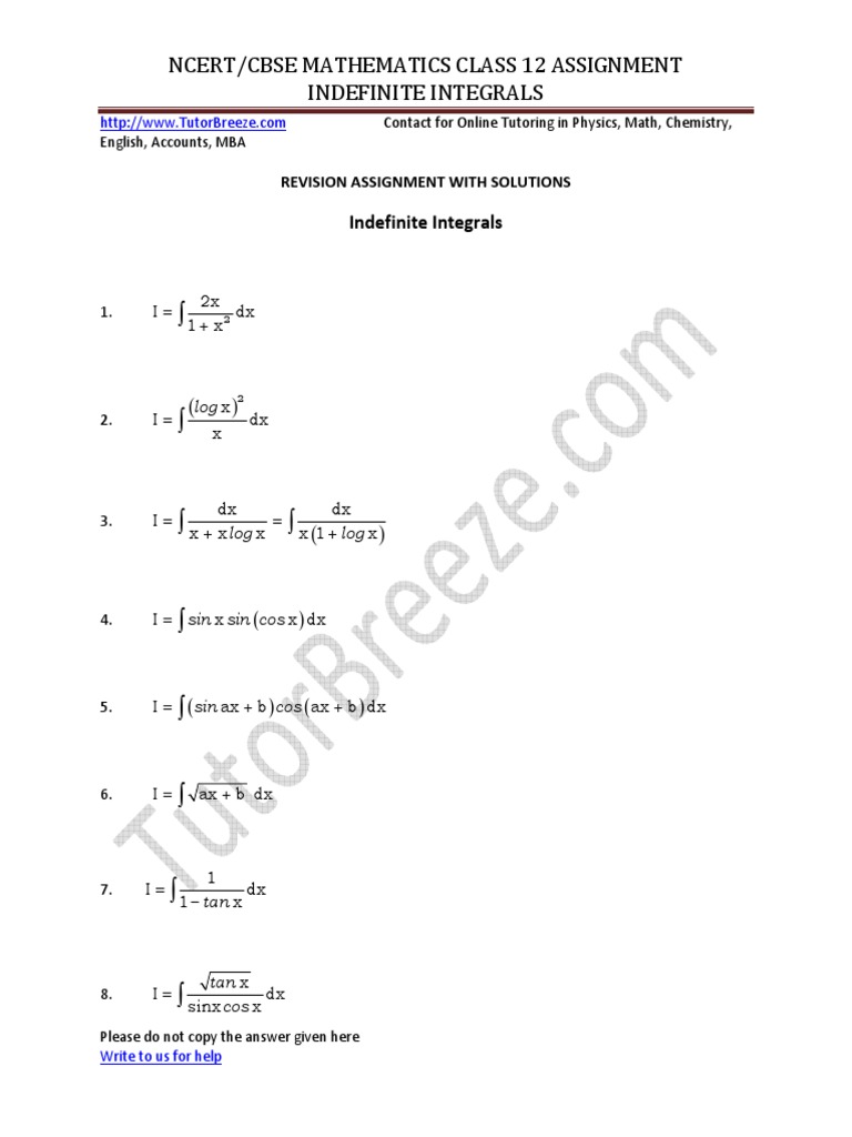 Ncert/Cbse Mathematics Class 12 Assignment Indefinite Integrals | PDF | Mathematical Relations ...