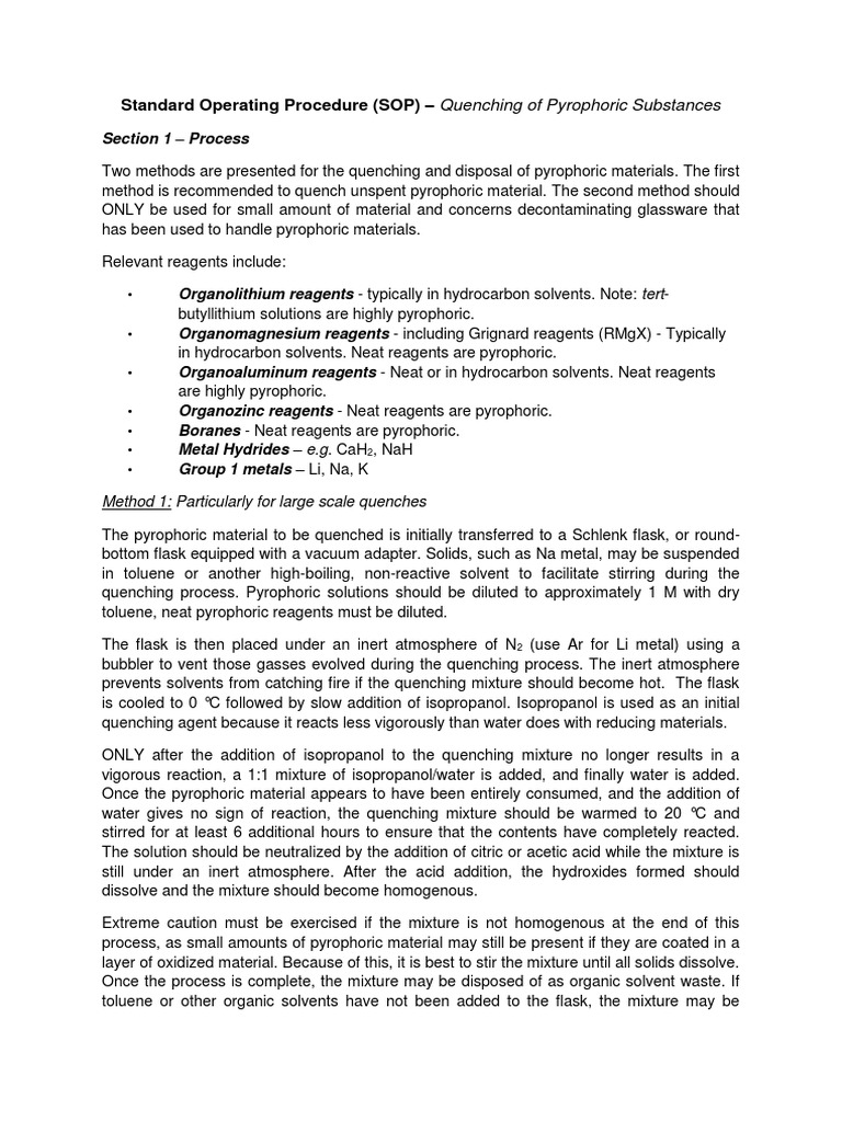 Quenching Procedures for Pyrophoric Materials | PDF | Solvent | Solution