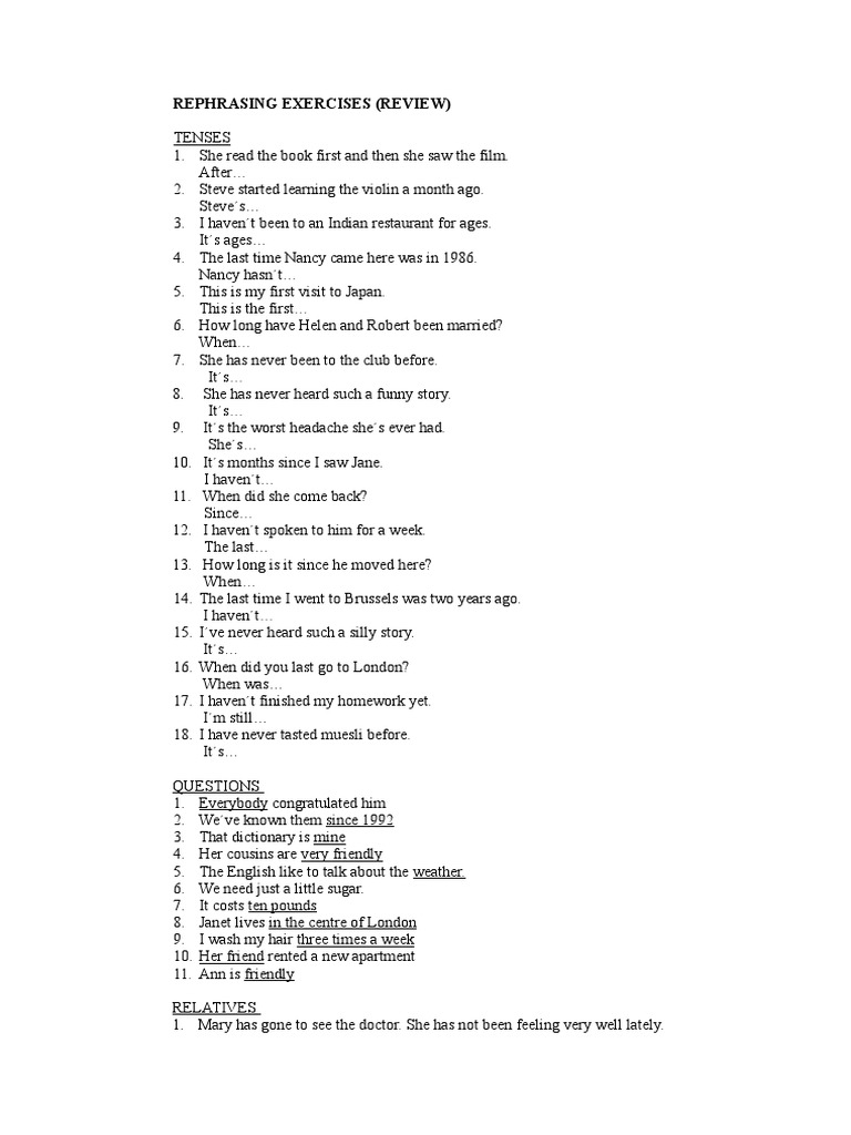 Rephrasing Exercises Repaso | PDF