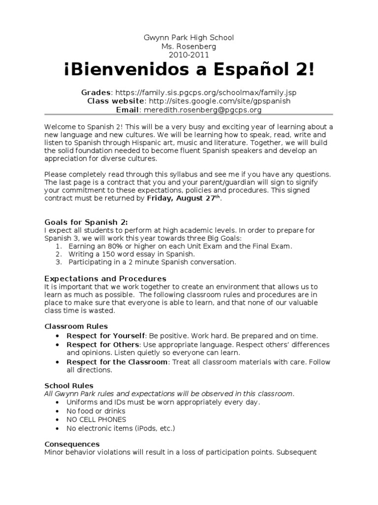 Spanish 2 Syllabus | PDF | Syllabus | Homework
