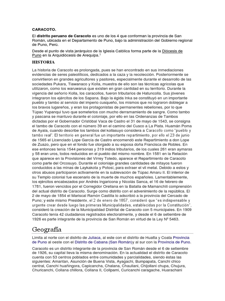 Caracoto Historia | PDF | América del Sur | Perú