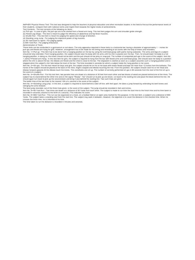 AAPHER Physical Fitness Test Overview | PDF | Anatomical Terms Of ...