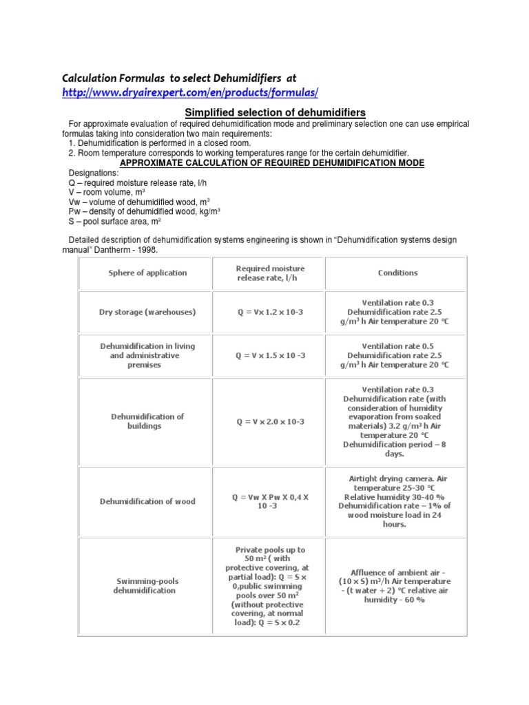 Calculation Formulas To Select Dehumidifiers at HTTP | PDF | Relative Humidity | Continuum Mechanics