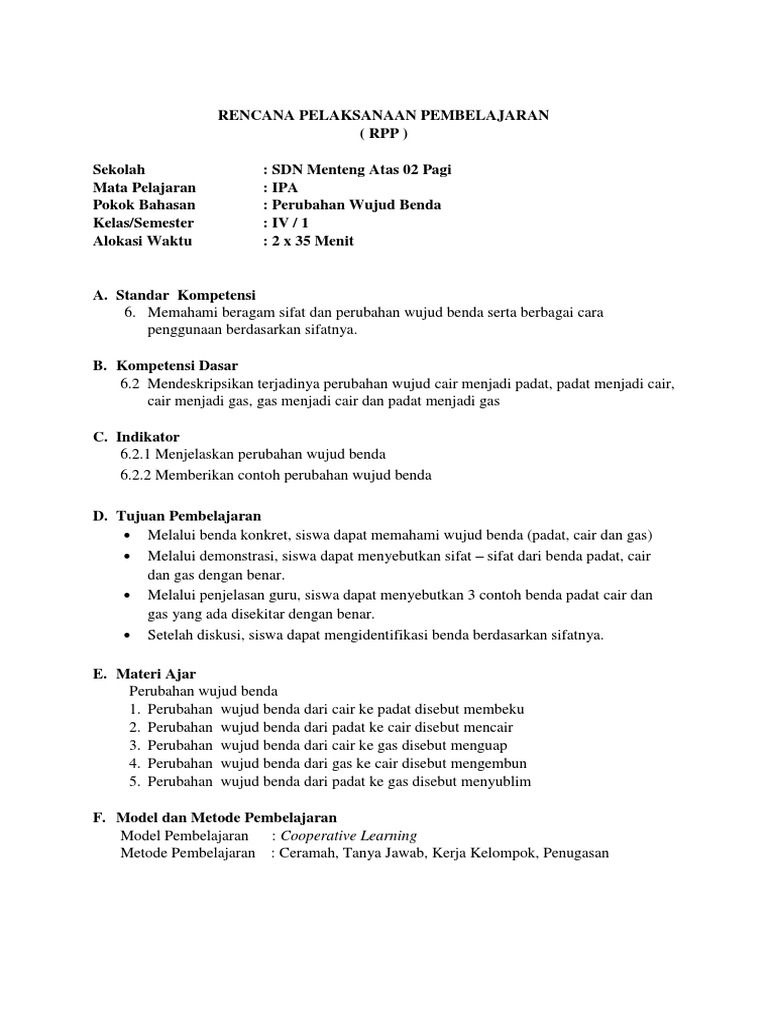 RPP Ipa Perubahan Wujud Benda | PDF