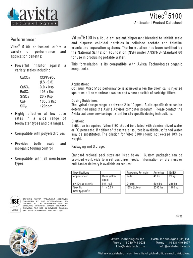 Vitec 5100 Antiscalant Datasheet | PDF | Membrane | Water Purification