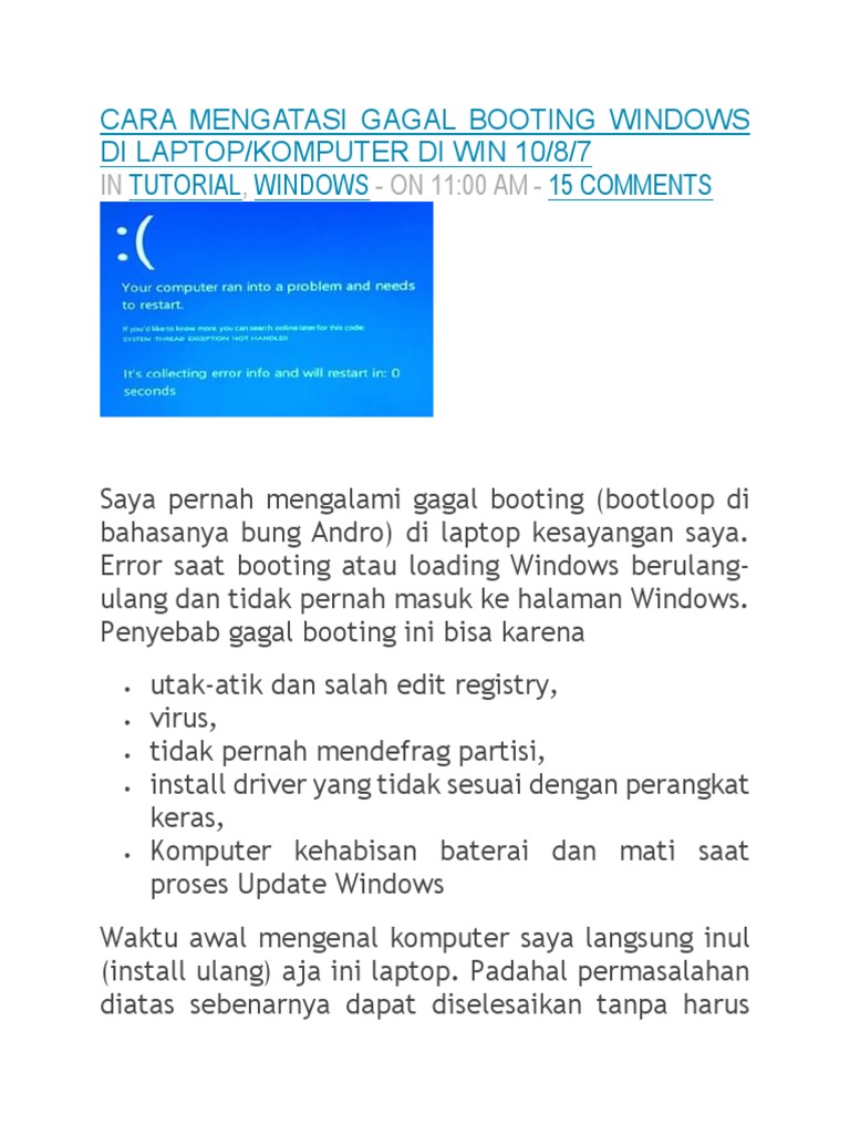 Cara Mengatasi Gagal Booting Windows Di Laptop | PDF