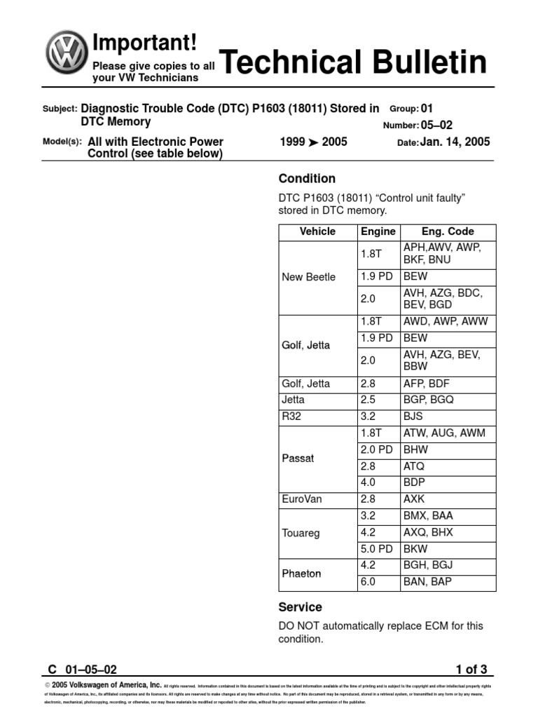 VW - tb.01!05!02 Diagnostic Trouble Code DTC P1603 Stored in DTC | PDF ...