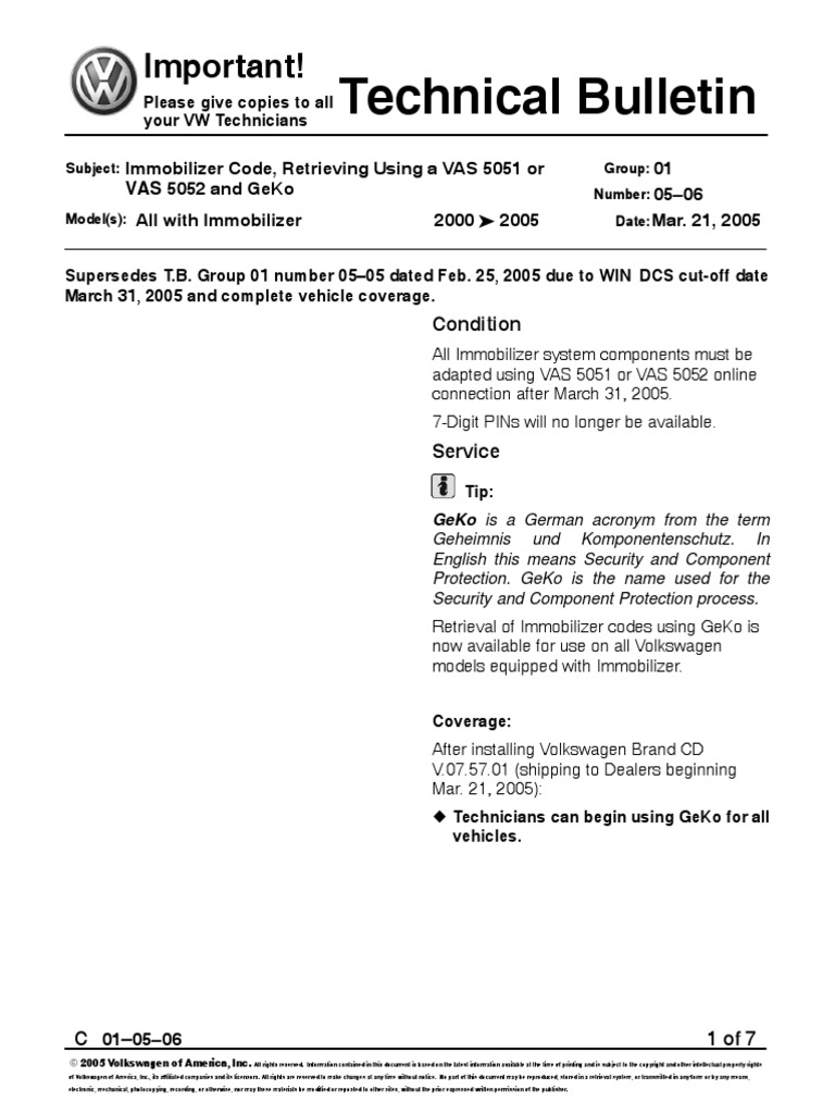 VW - tb.01!05!06 Immobilizer Code, Retrieving Using VAS 5051,5052, GEKO ...