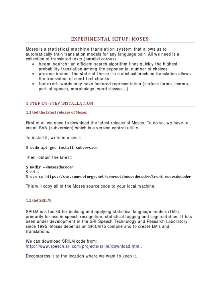 Experimental Setup: Moses: 1 Step by Step Installation | PDF | Computer ...