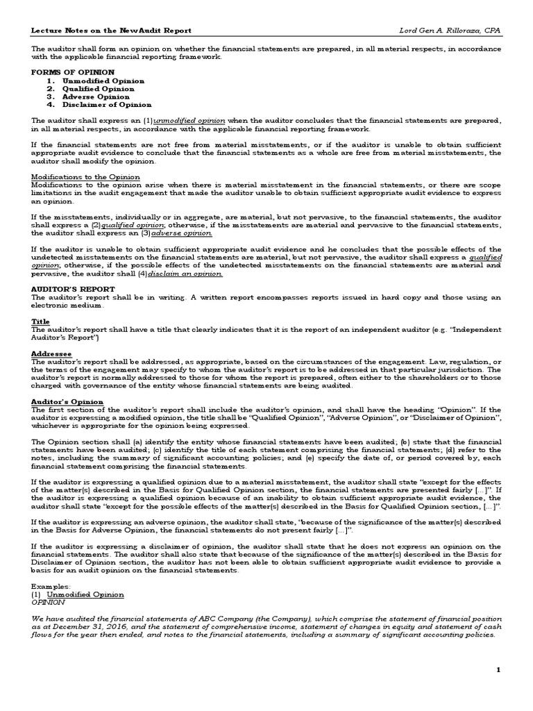 Auditor - S Report Lecture Notes | PDF | Financial Audit | Auditor's Report