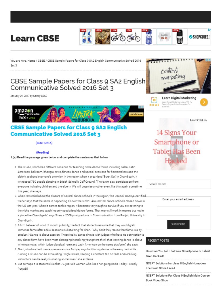 CBSE Sample Papers For Class 9 SA2 English Communicative Solved 2016 ...