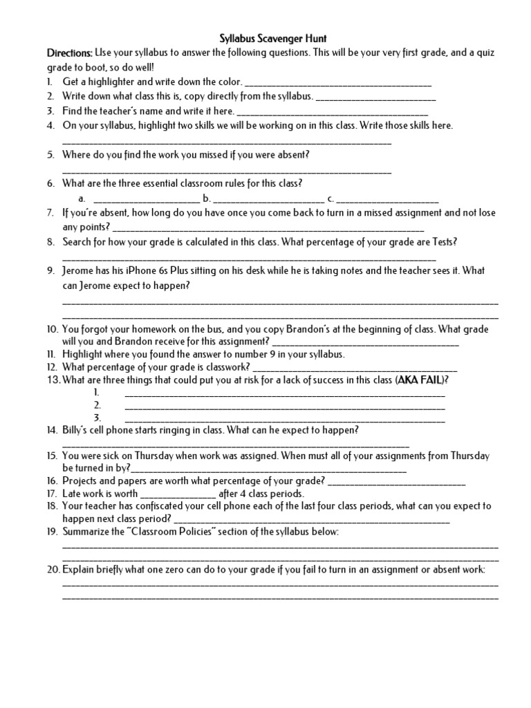 Syllabus Scavenger Hunt Guide | PDF | Syllabus | Homework