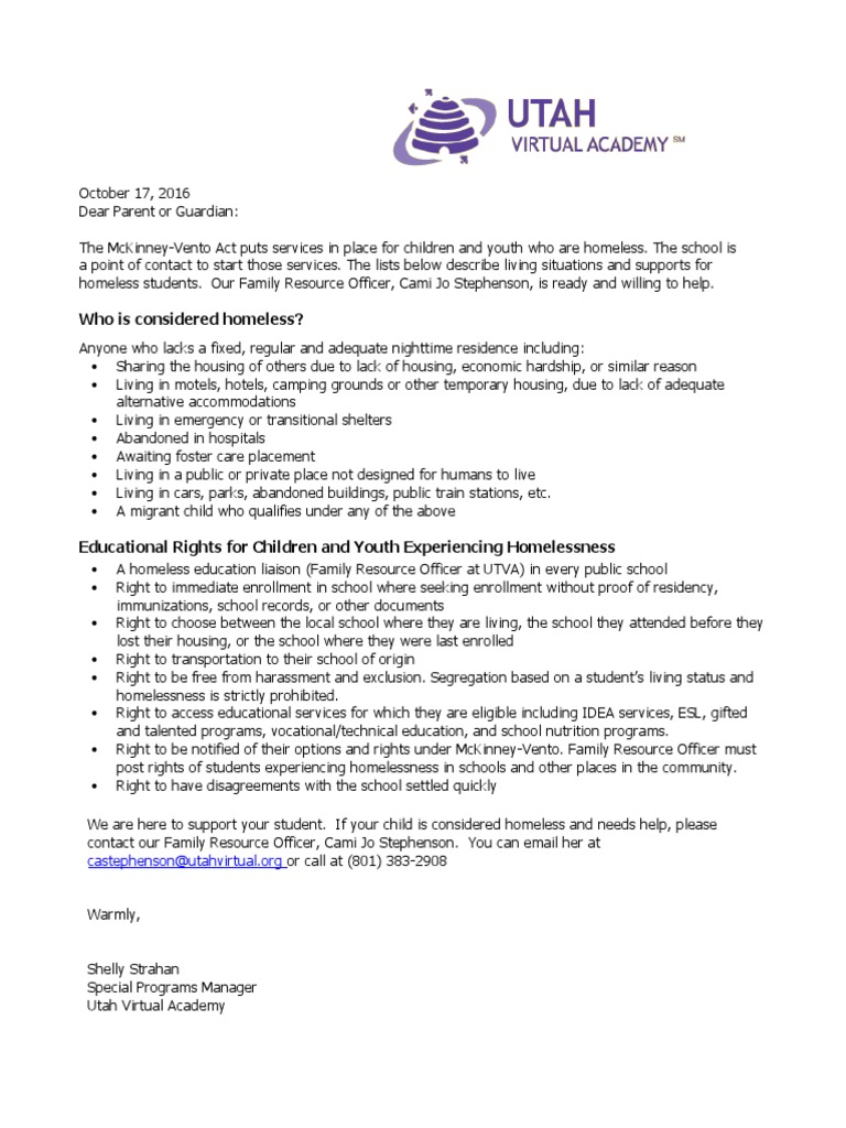 Mckinney Vento Letter 2016-2017 | PDF