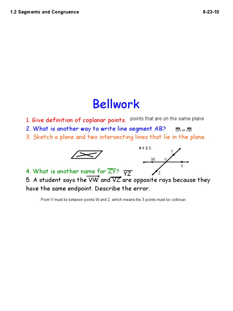 Bellwork: 1. Give Definition of Coplanar Points | PDF | Line (Geometry ...
